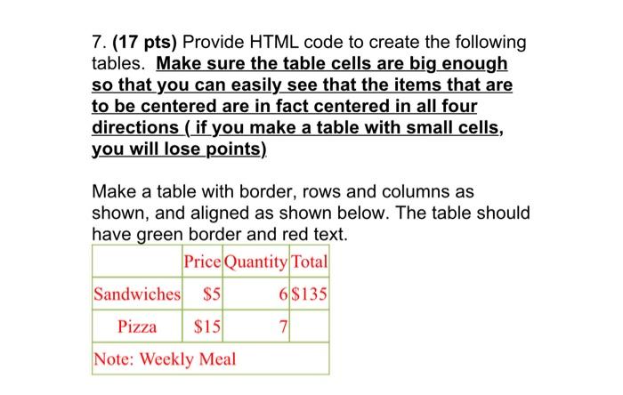 Solved 7. (17 pts) Provide HTML code to create the following | Chegg.com