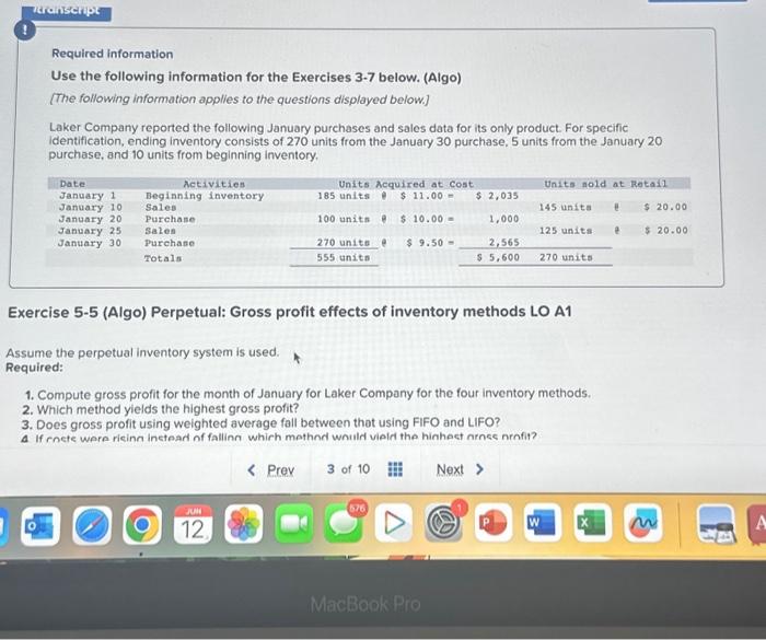 transcript Required information Use the following | Chegg.com