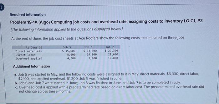 Solved Problem 19-1A (Algo) Computing job costs and overhead | Chegg.com