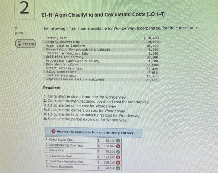 Solved E1-11 (Algo) Classifying and Calculating Costs [LO | Chegg.com