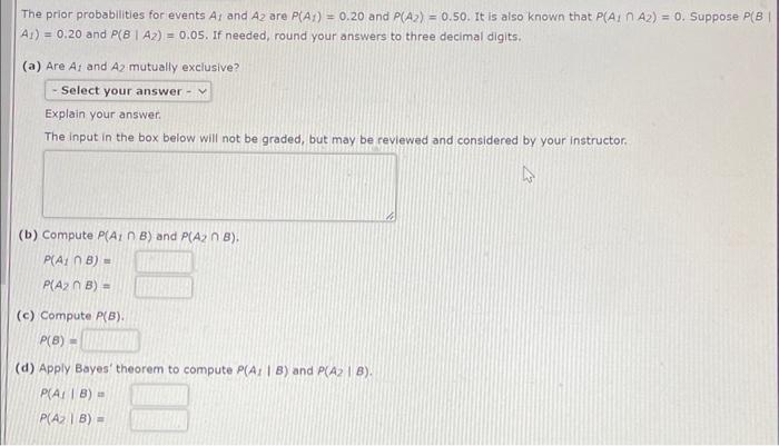 Solved The prior probabilities for events A1 and A2 are | Chegg.com