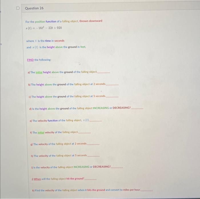 Solved For the position function of a falling object, thrown | Chegg.com