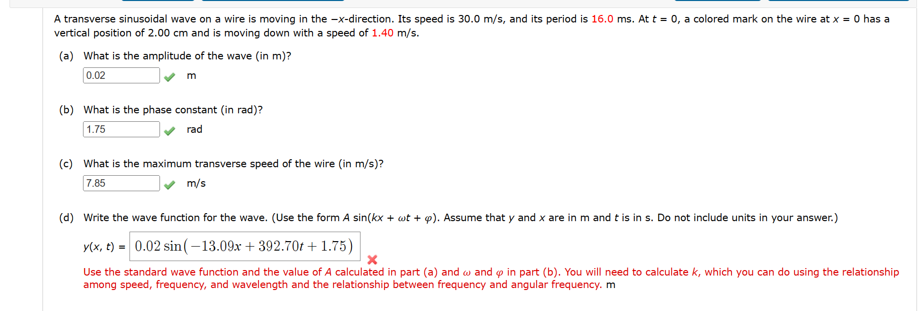 Solved A transverse sinusoidal wave on a wire is moving in | Chegg.com