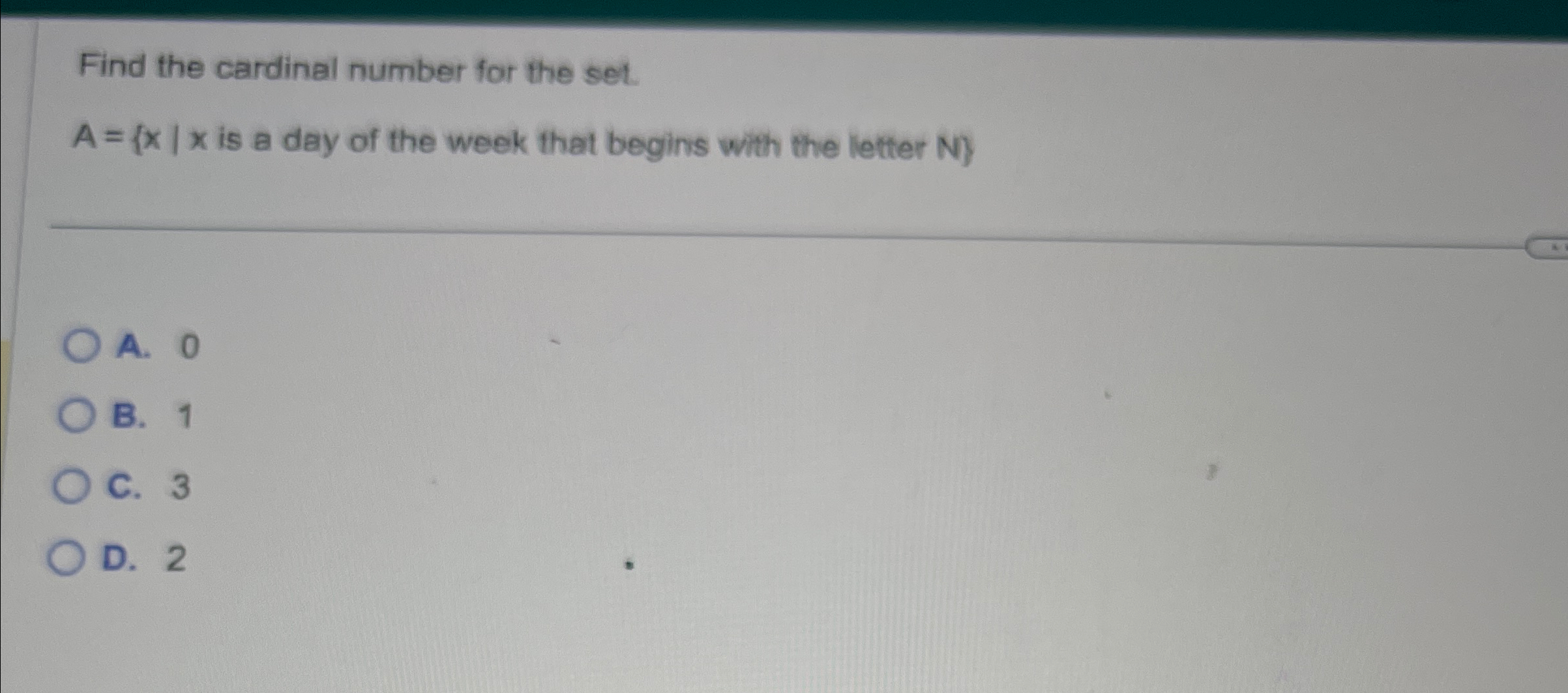 Solved Find the cardinal number for the set. ﻿is a day of | Chegg.com