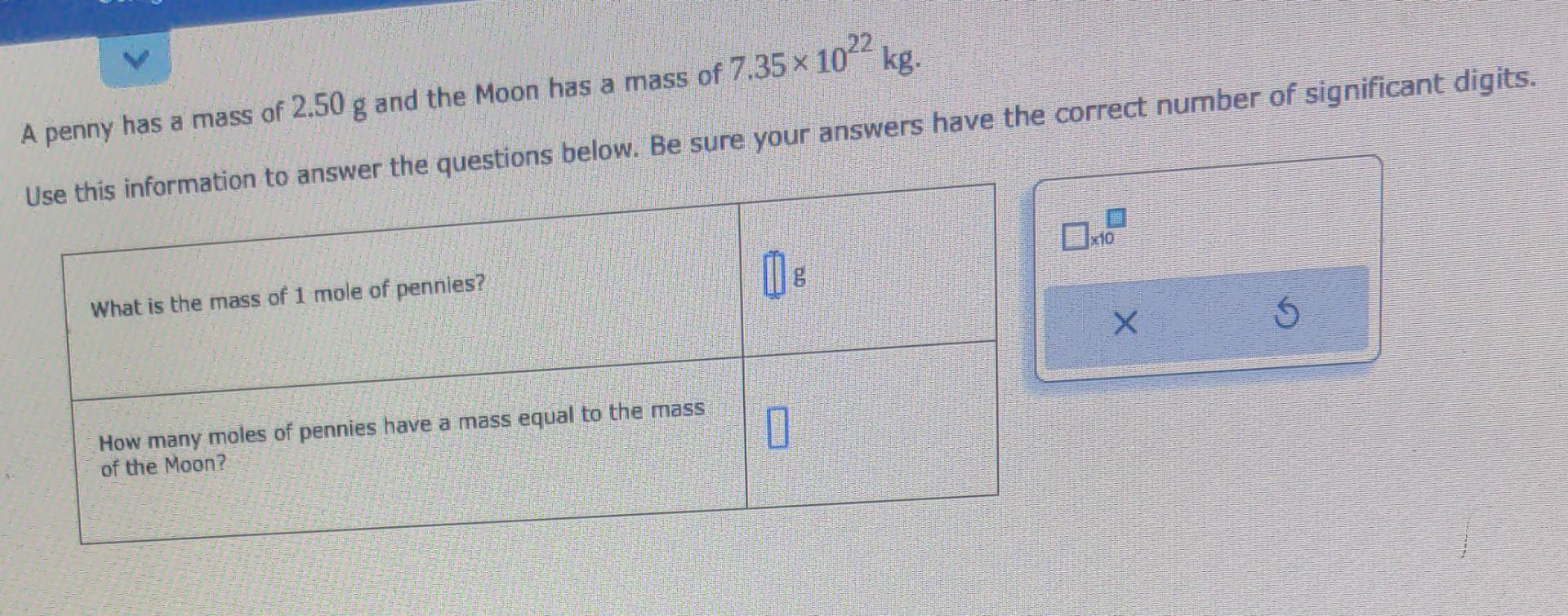 Solved A penny has a mass of 2.50 g and the Moon has a mass | Chegg.com