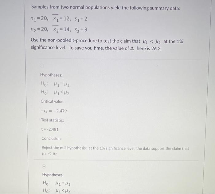 Solved Samples from two normal populations yield the | Chegg.com