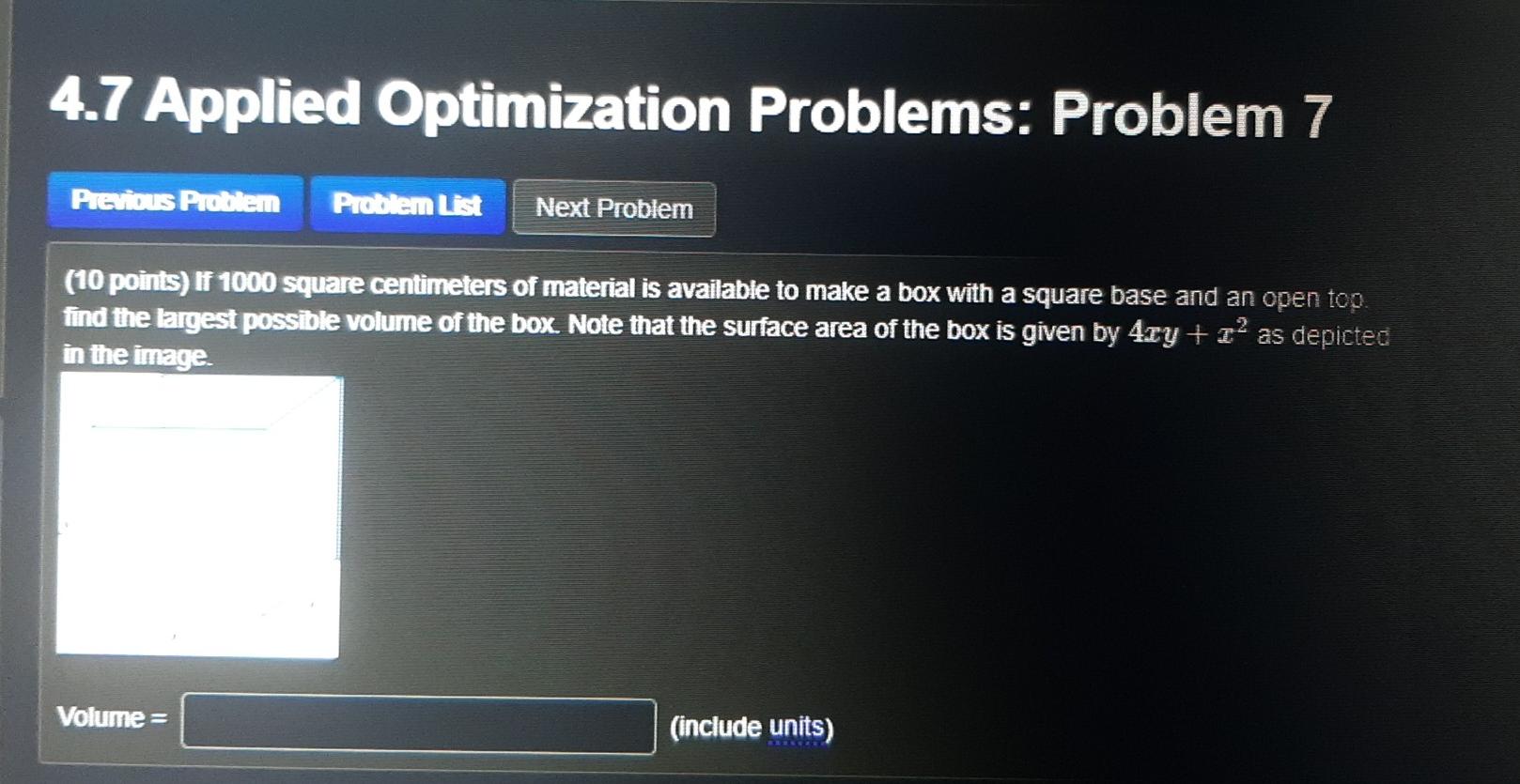 Solved 4.7 Applied Optimization Problems: Problem 7 Previous | Chegg.com