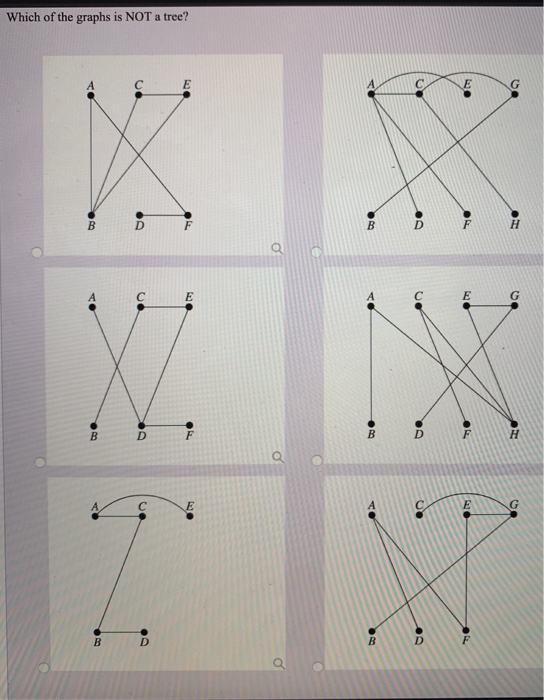Solved Which of the graphs is NOT a tree? E G B D B H w X C | Chegg.com
