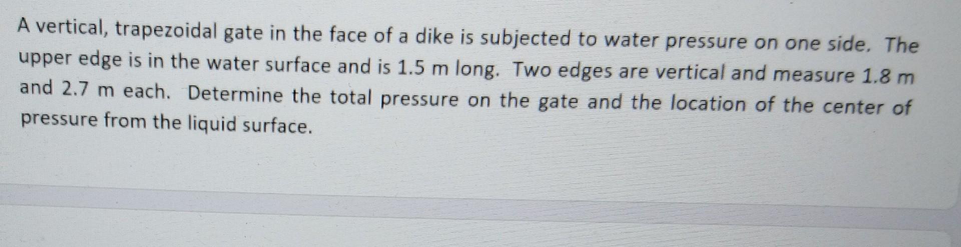 Solved a A vertical, trapezoidal gate in the face of a dike | Chegg.com