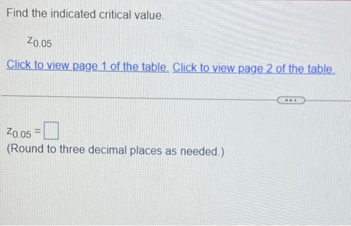 Solved Find the indicated critical value. Z0.05 Click to | Chegg.com