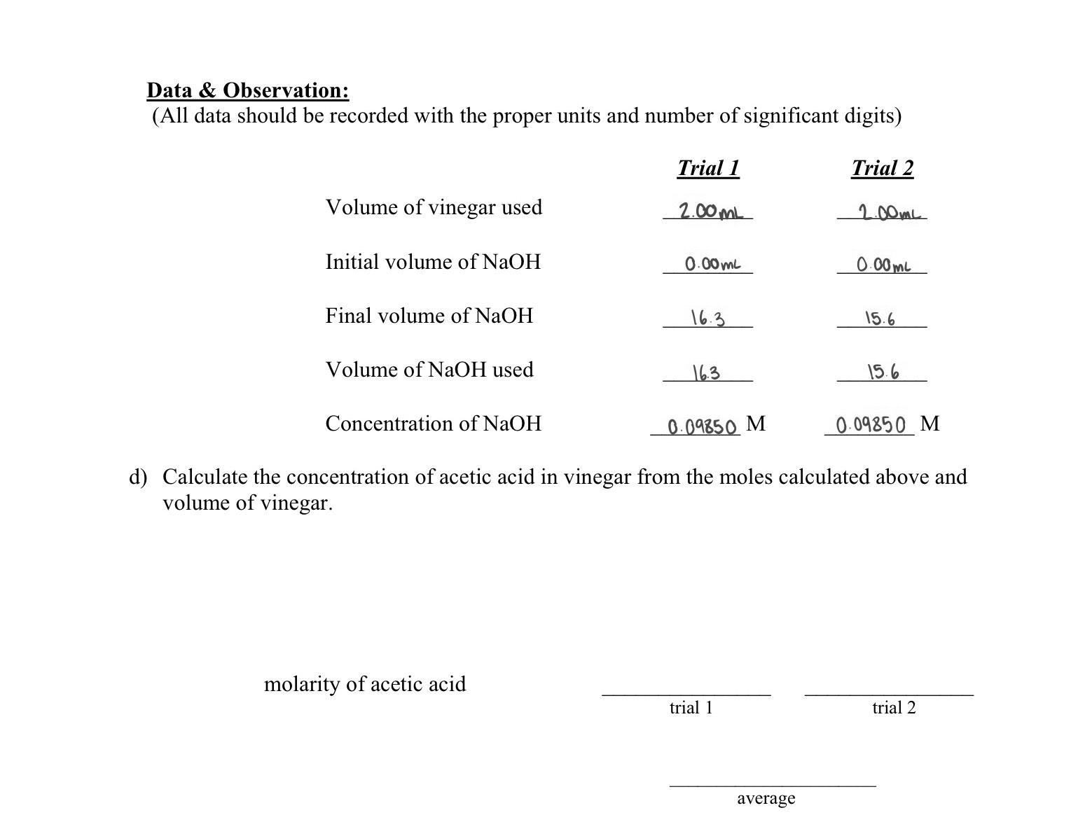 Solved Data & Observation:(All data should be recorded with | Chegg.com