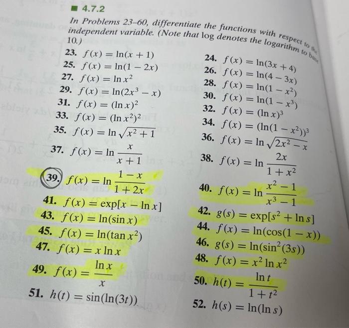 Solved 4.7.2 to ban = х -X In Problems 23-60, differentiate | Chegg.com