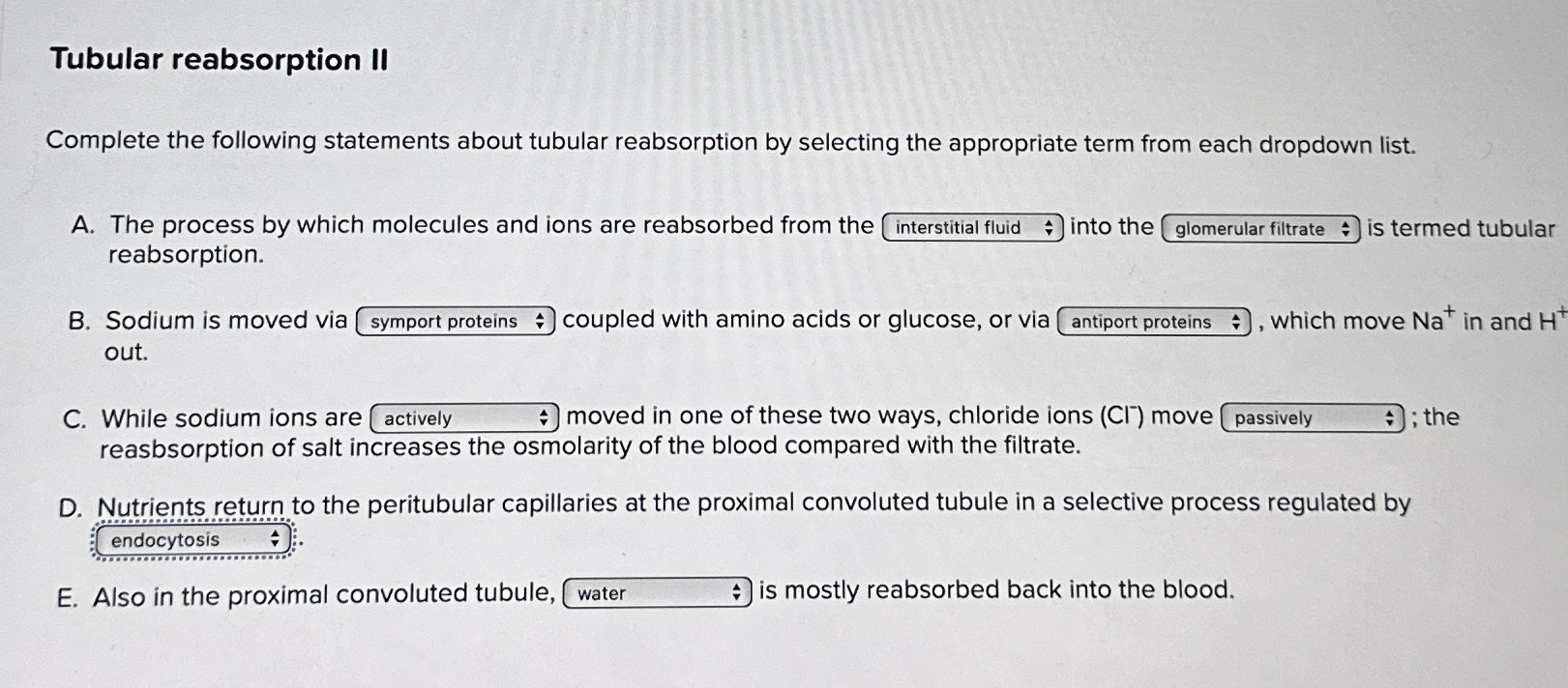 Solved Tubular reabsorption IIComplete the following | Chegg.com