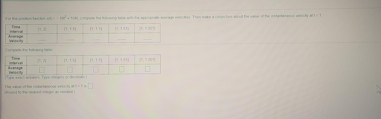 Solved For the position function s(t) = -1662 + 104t, | Chegg.com