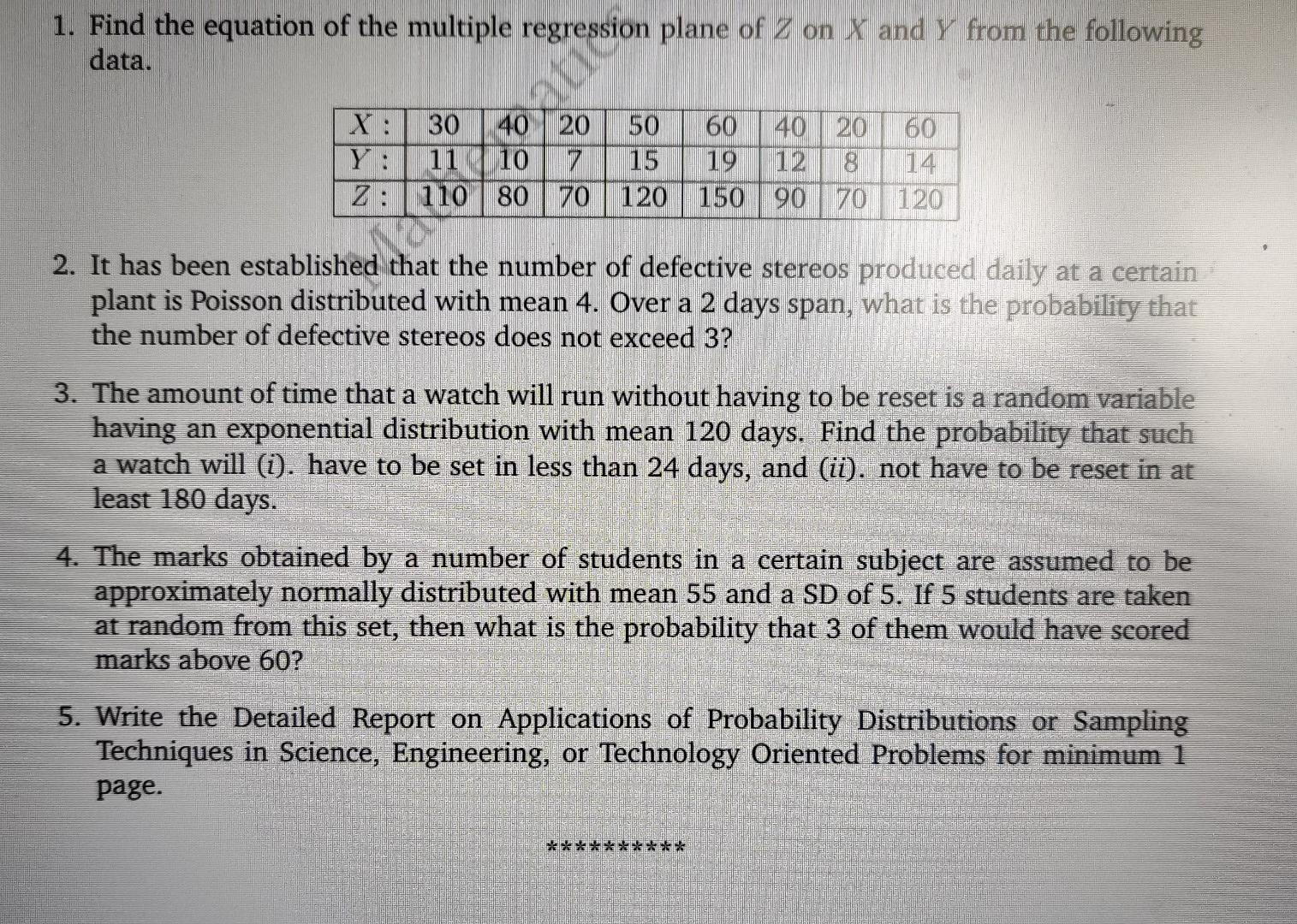 Solved 1. Find the equation of the multiple regression plane | Chegg.com