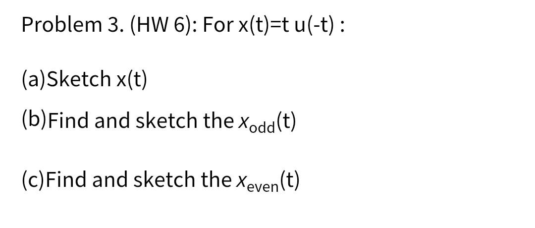 Solved Problem 3. (HW 6): For x(t)=t u(-t): (a)Sketch x(t) | Chegg.com
