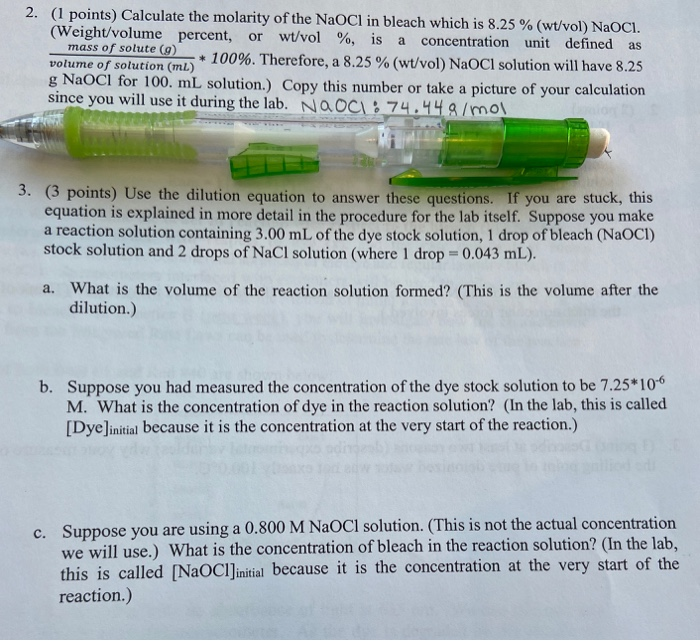 Solved 2. (1 points) Calculate the molarity of the NaOCI in | Chegg.com