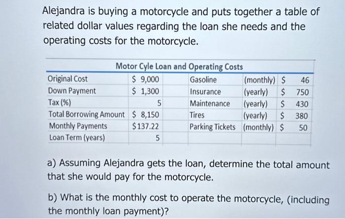 Solved Alejandra is buying a motorcycle and puts together a | Chegg.com