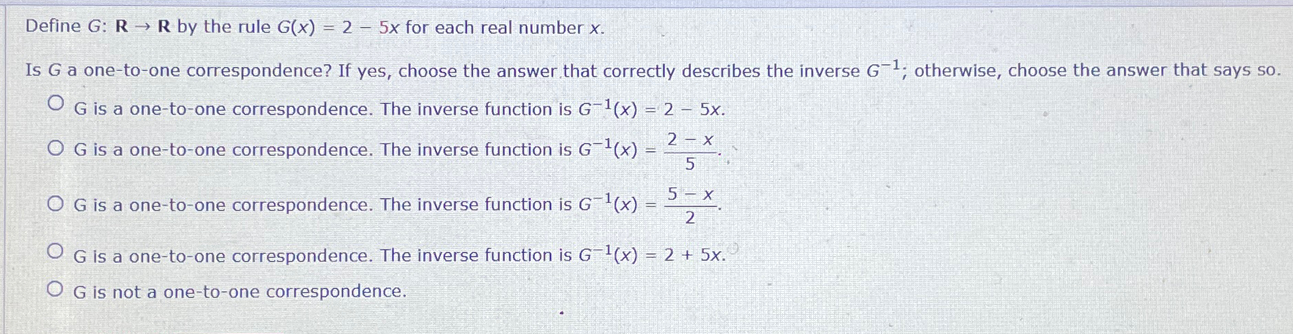 Solved Define G:R→R ﻿by the rule G(x)=2-5x ﻿for each real | Chegg.com