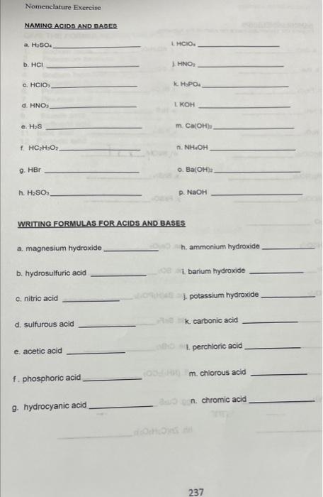 Solved Nomenclature Exercise NAMING ACIDS AND BASES a. H₂SO | Chegg.com
