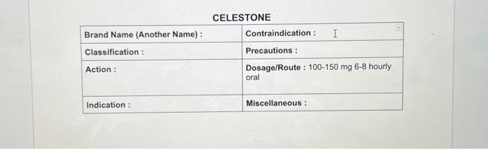 Solved CELESTONE \begin{tabular}{|l|l|} \hline Brand Name | Chegg.com