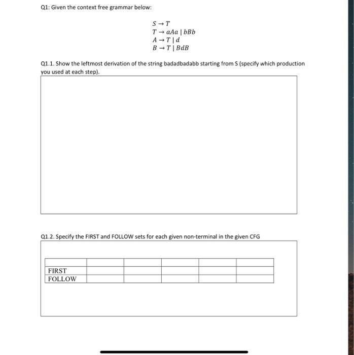 Solved Q1: Given the context free grammar below: | Chegg.com