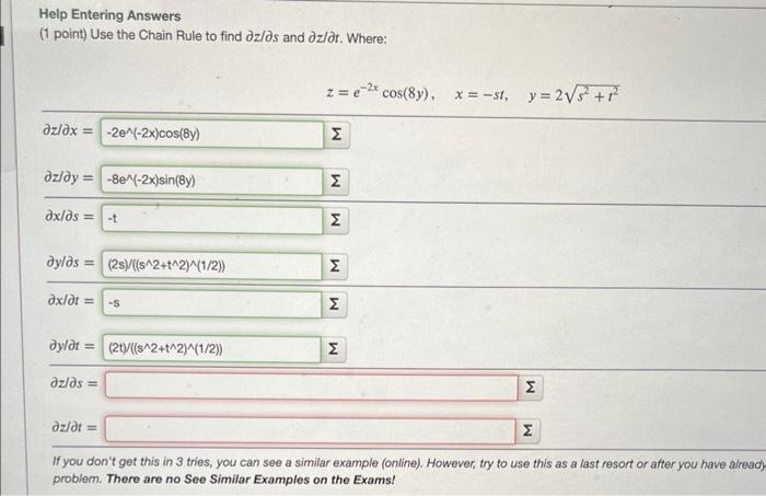 Solved Help Entering Answers (1 point) Use the Chain Rule to | Chegg.com