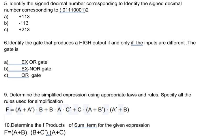 Solved 5. Identify the signed decimal number corresponding | Chegg.com