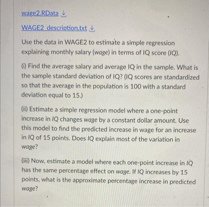 WAGE2 description.txt ↓ Use the data in WAGE2 to | Chegg.com