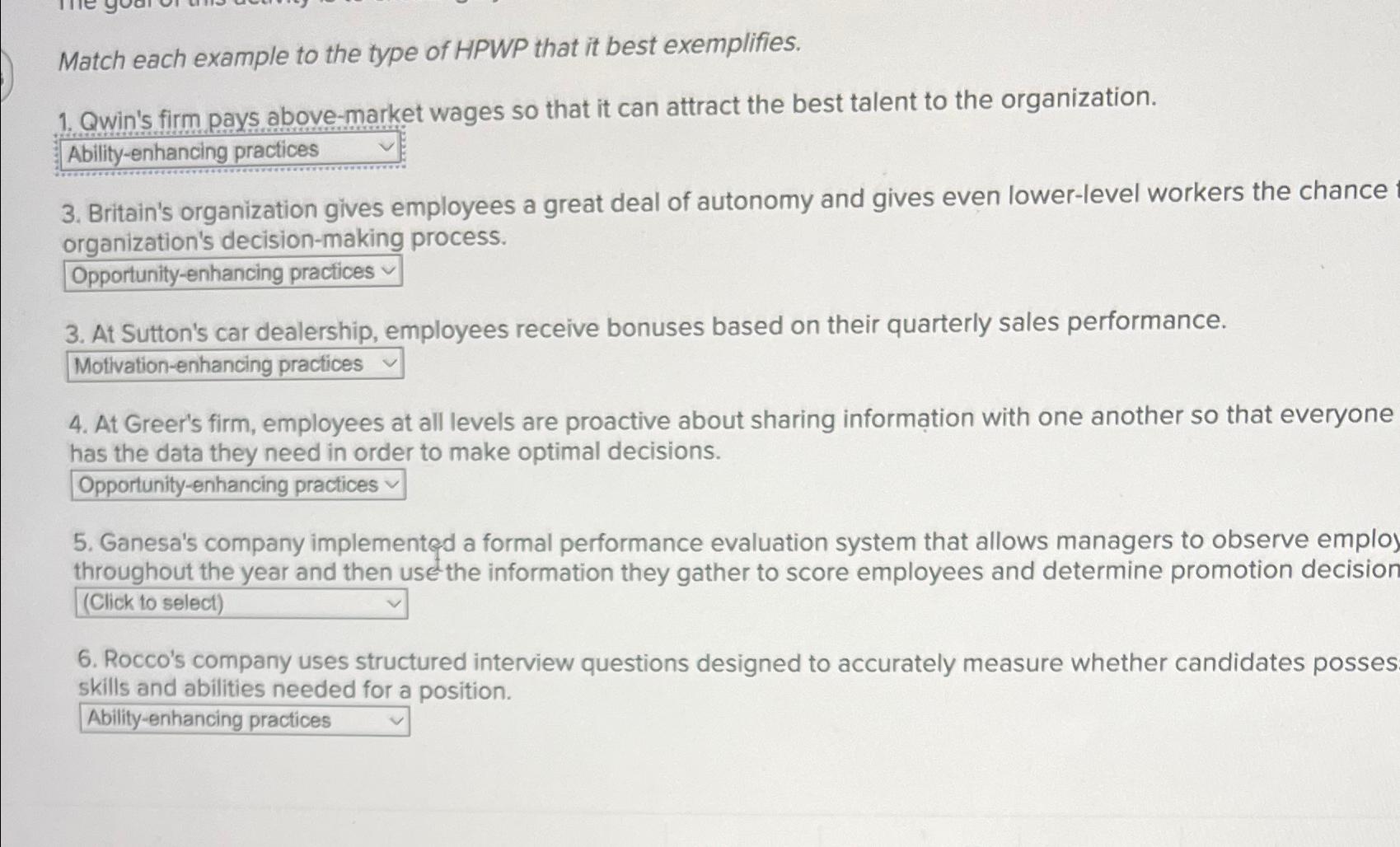 Solved Match each example to the type of HPWP that it best | Chegg.com