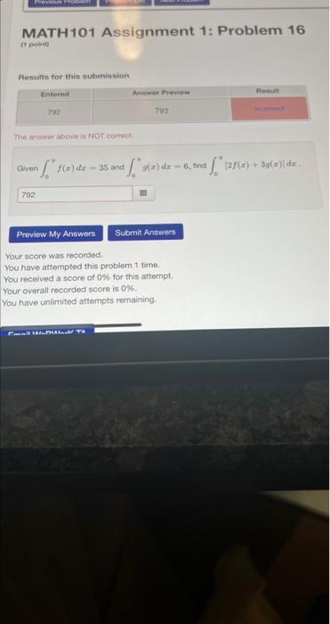 Solved MATH101 Assignment 1: Problem 16 (1 point Resilits | Chegg.com