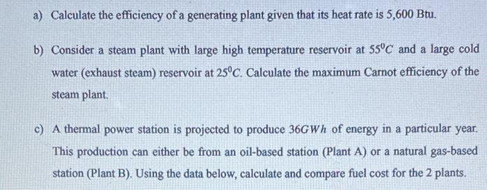 Solved a) Calculate the efficiency of a generating plant | Chegg.com
