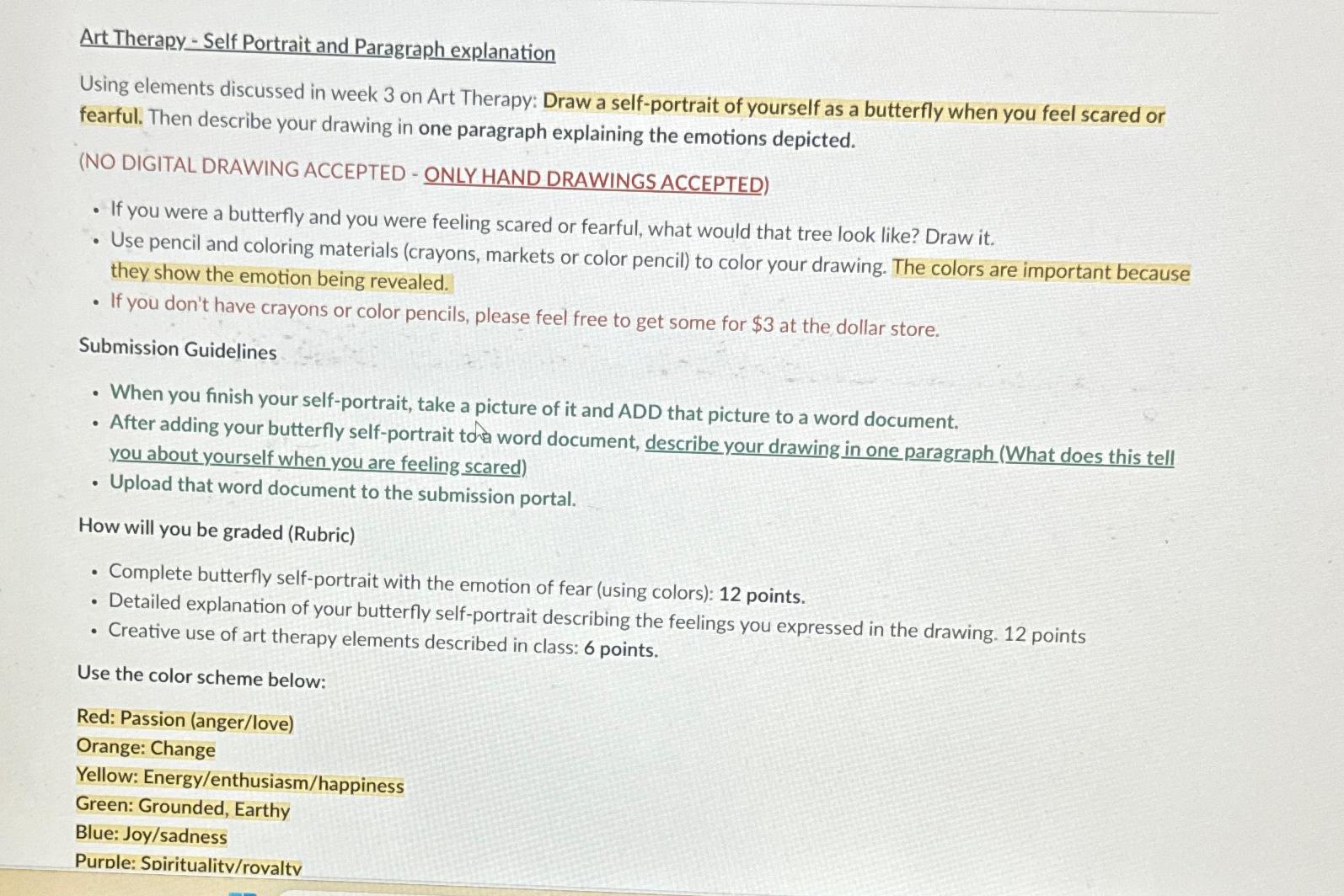 Solved Art Therapy - ﻿Self Portrait and Paragraph | Chegg.com