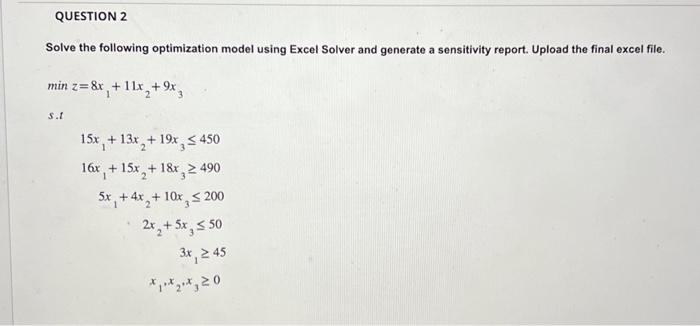 Solved Solve the following optimization model using Excel | Chegg.com