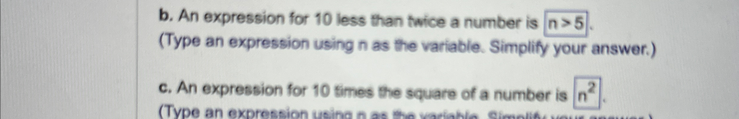Solved b. ﻿An expression for 10 ﻿less than twice a number | Chegg.com