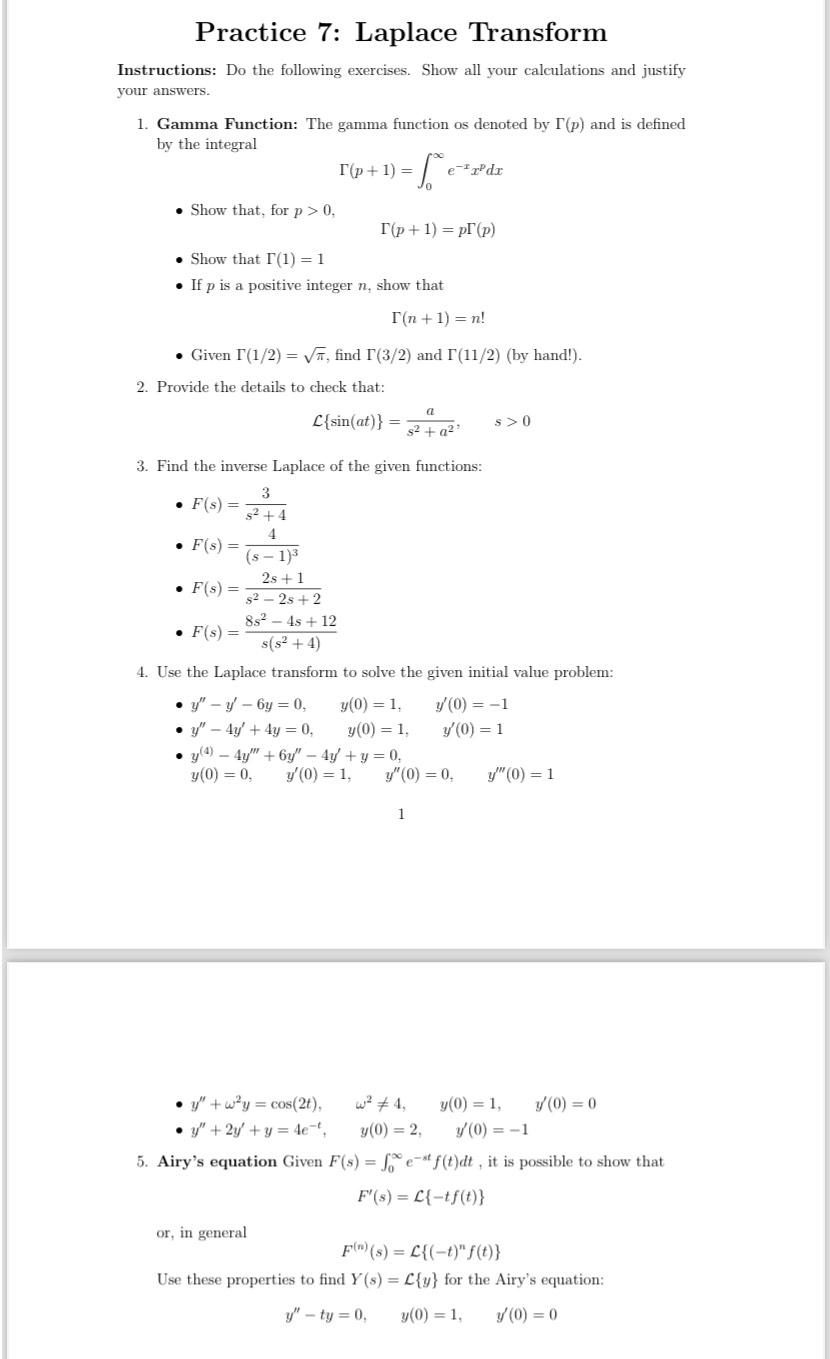 Practice 7: Laplace TransformInstructions: Do the | Chegg.com