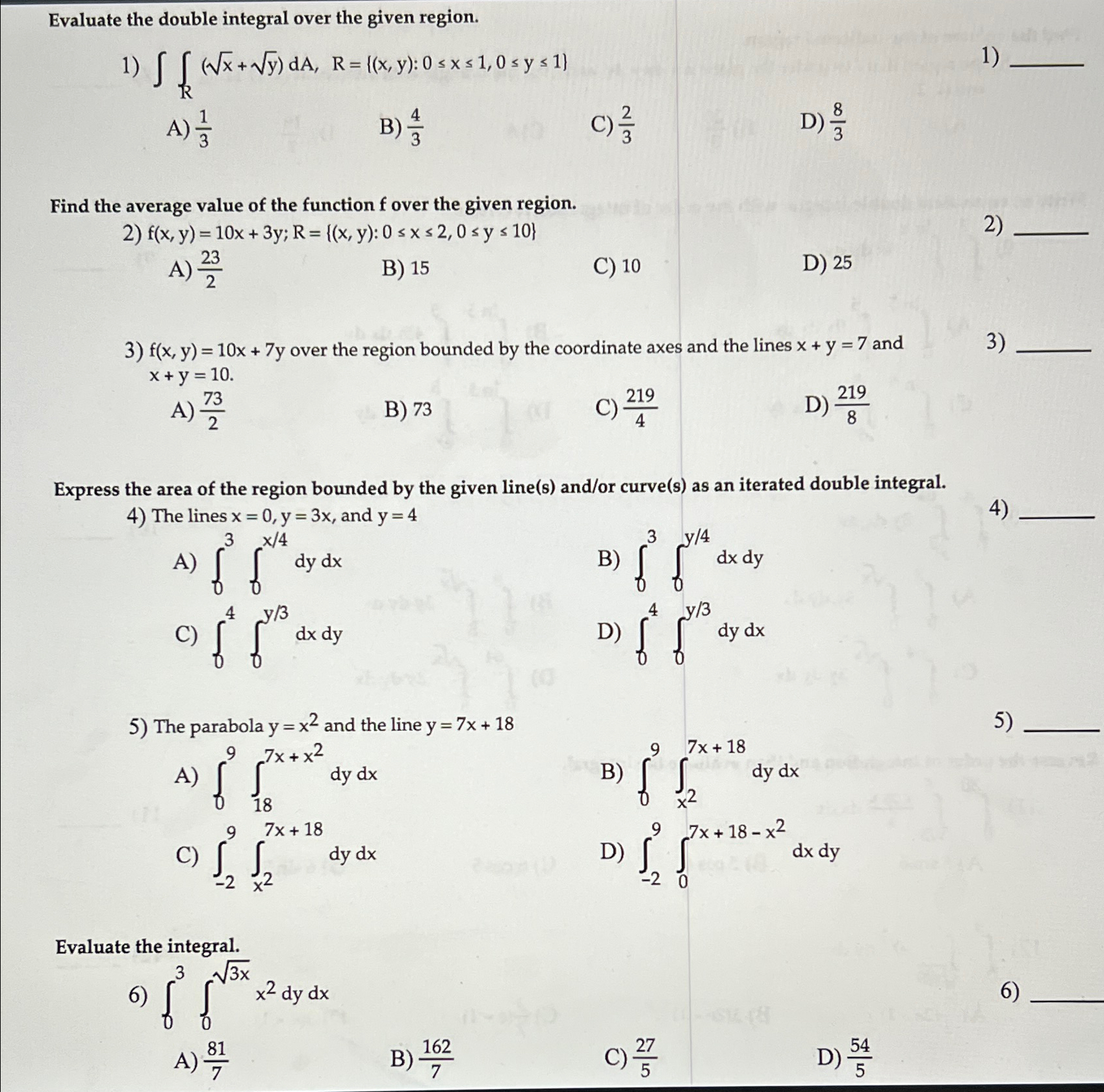 Solved Solve each question please.Evaluate the double | Chegg.com