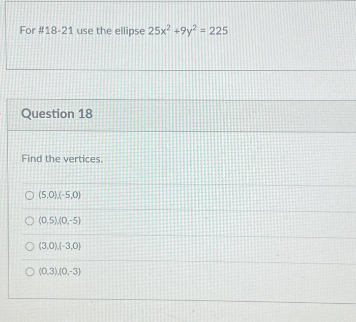 Solved For #18−21 use the ellipse 25x2+9y2=225 Question 18 | Chegg.com