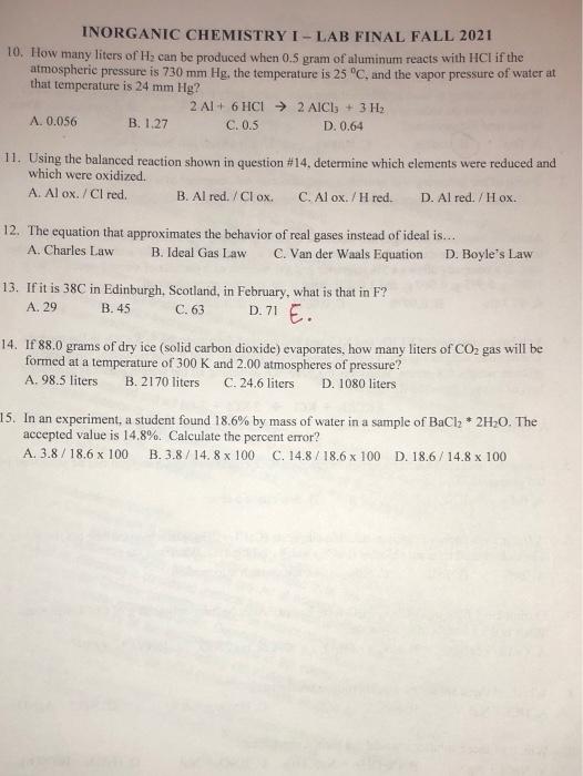 Solved INORGANIC CHEMISTRY I - LAB FINAL FALL 2021 YOU MUST | Chegg.com