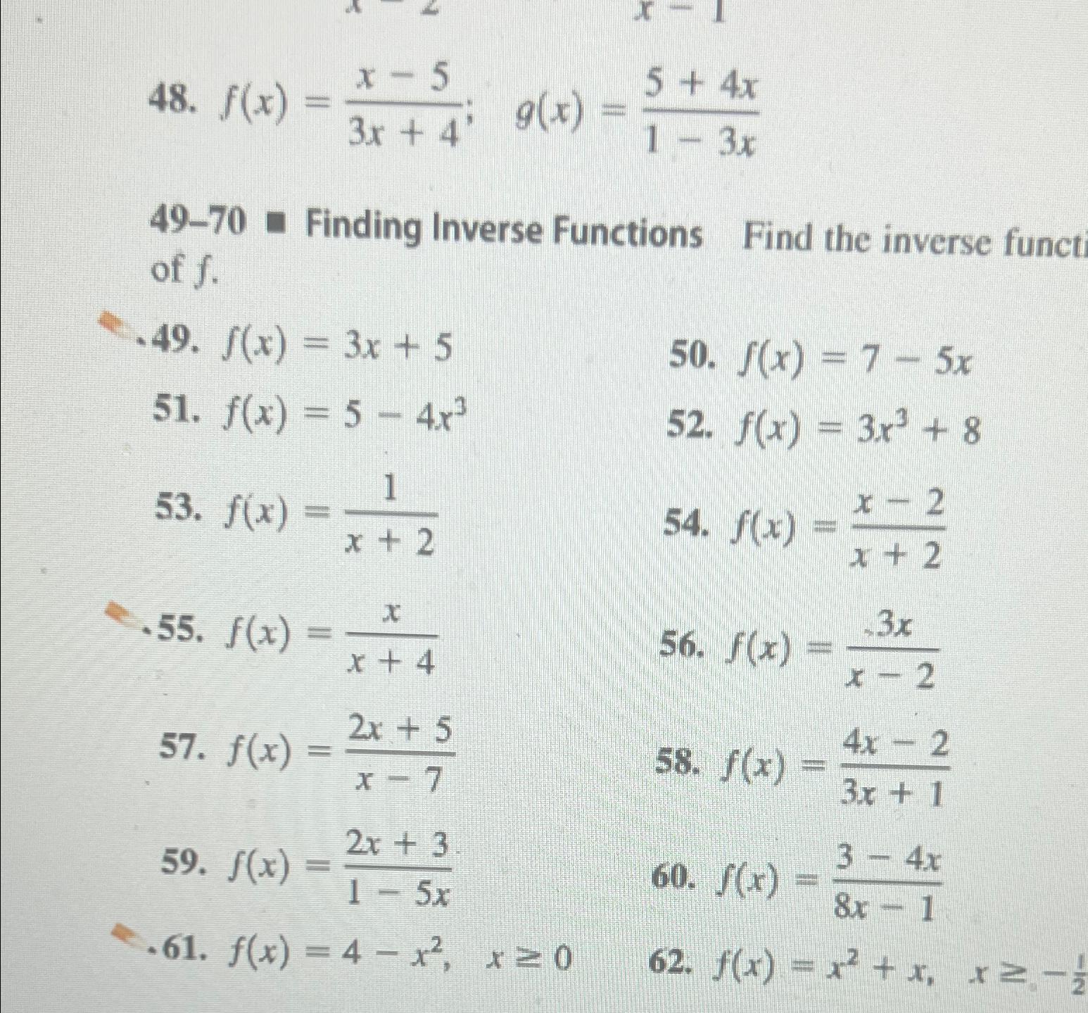 Solved f(x)=x-53x+4;,g(x)=5+4x1-3x49-70 = ﻿Finding Inverse | Chegg.com
