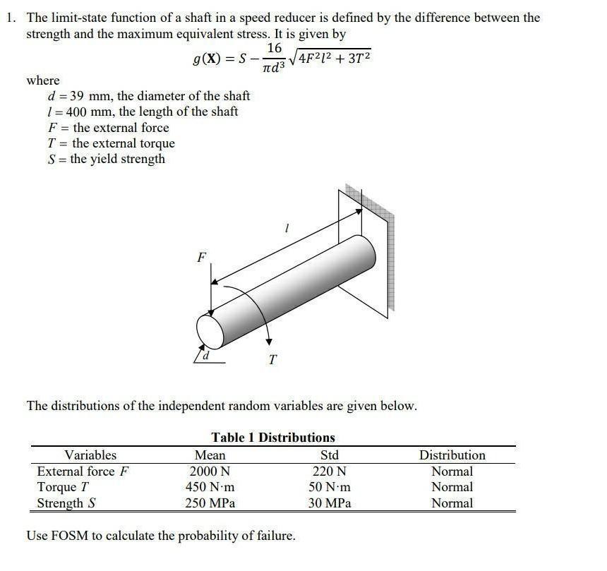 Solved 1. The limit-state function of a shaft in a speed | Chegg.com