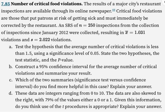 Solved 7.85 Number of critical food violations. The results | Chegg.com
