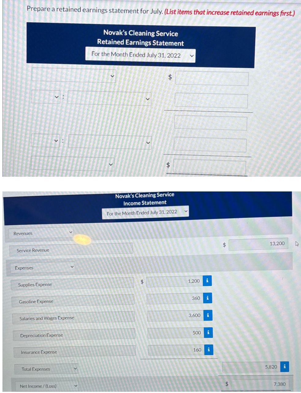 Solved Prepare a retained earnings statement for July. (List | Chegg.com