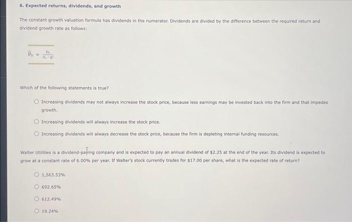 Solved 6. Expected returns, dividends, and growth The | Chegg.com