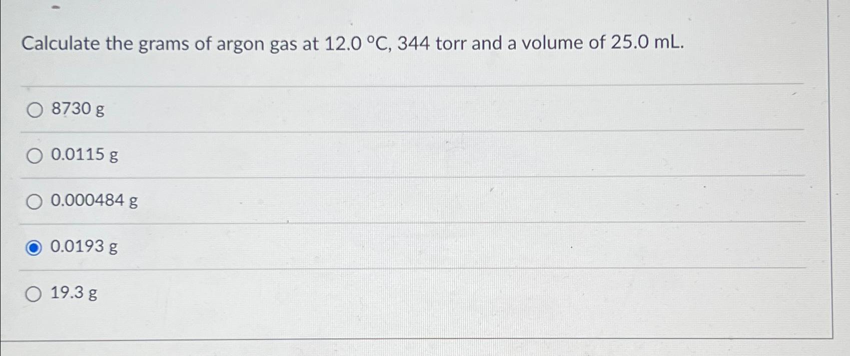 Solved Calculate the grams of argon gas at 12.0°C,344 ﻿torr | Chegg.com