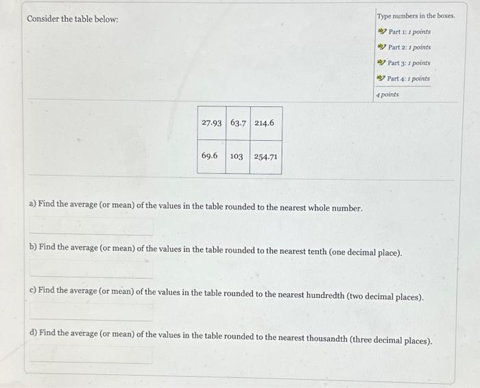 Solved Consider the table below: Type numbers in the boxes. | Chegg.com