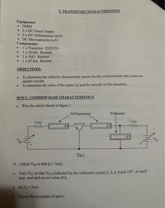 Solved 5. TRANSISTOR CIIARACTERISTICS Equipment: - DMM - 2× | Chegg.com