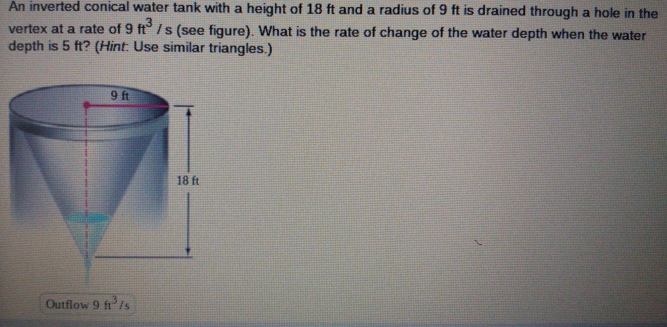 Solved An inverted conical water tank with a height of 18 ft | Chegg.com