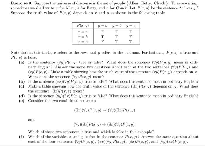 Solved Exercise 9. Suppose the universe of discourse is the | Chegg.com