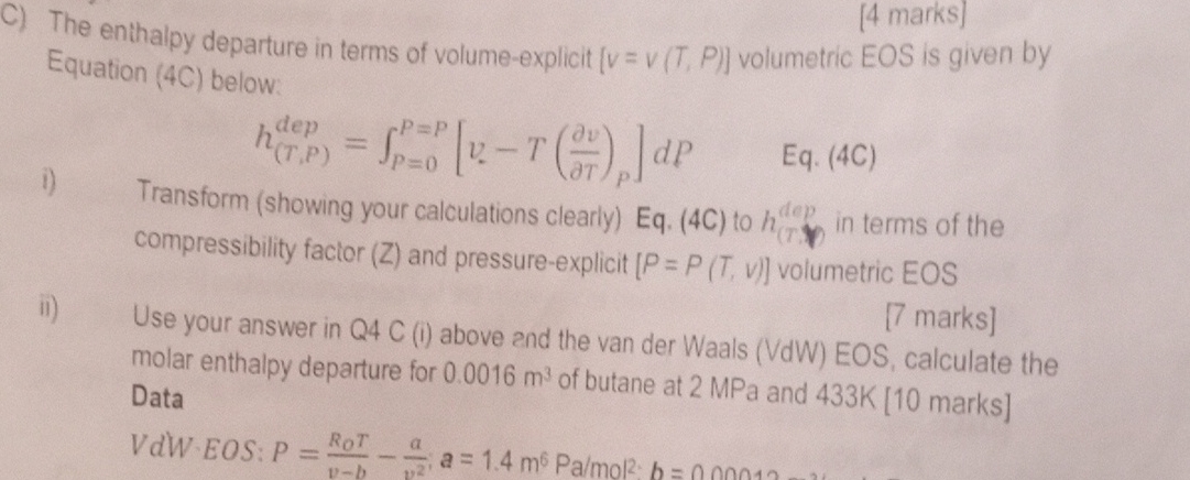 Solved C) ﻿The enthalpy departure in terms of | Chegg.com